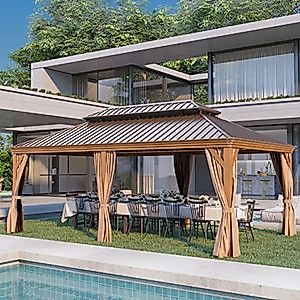 GAZEBEST 12'x20' Hardtop Gazebo Outdoor Aluminum Patio Gazebo Double Roof Galvanized Steel Gazebo Canopy Wooden Finish Coated with Netting and Curtains,for Garden Patio,Patio Backyard,Deck and Lawns