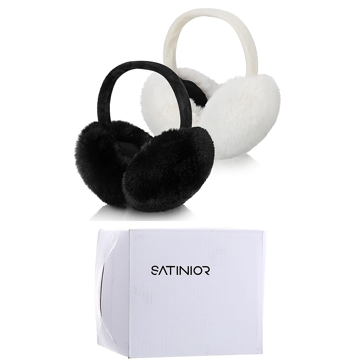 SATINIOR 2 Pieces Winter Ear muffs Faux Fur Earmuffs Cute Foldable Outdoor Ear Warmers Faux Fur Ear Warmers for Women (Black, White), One Size