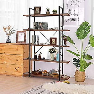 5 tier Industrial Bookshelf, 6 Foot Tall Solid Etagere Bookcase, 72 H x 12 W x 47D Inches, Free Standing Book Shelves for Living Room, Bedroom, Office, Black Metal Frame and Warm Rustic Brown Wood