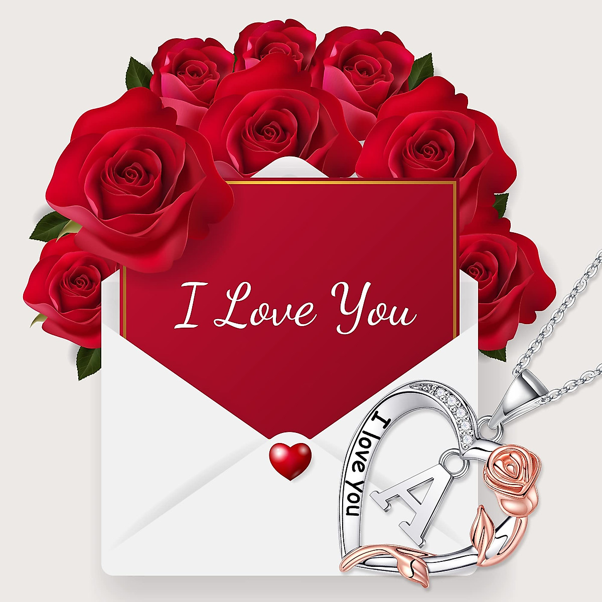 MONOZO Rose Heart Necklaces for Women Jewelry Gifts, Dainty Rose Love Letter Pendant Initial A Necklaces for Women Jewelry Mothers Day Anniversary Valentines Christmas Birthday Gifts for Women Trendy