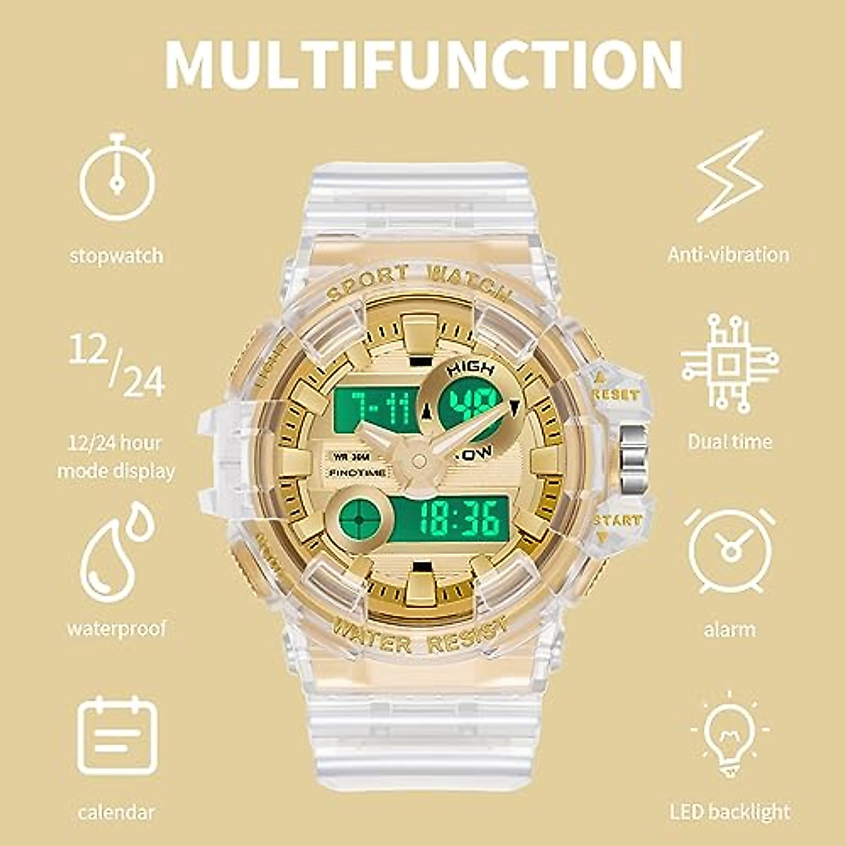 findtime Mens Watch Digital Large Face Outdoor Sport Watch Stopwatch for Men Alarm Tactical 30M Waterproof Watches for Men Military Transparent Design