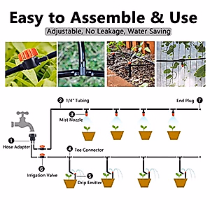 TALEGEN Drip Irrigation System, Drip Irrigation Kit, 66FT 1/4" Blank Distribution Tubing Garden Watering System/Micro DIY Water Saving Automatic Irrigation Set Adjustable Misting Nozzle Emitters for Garden Greenhouse Flower Bed Patio Lawn