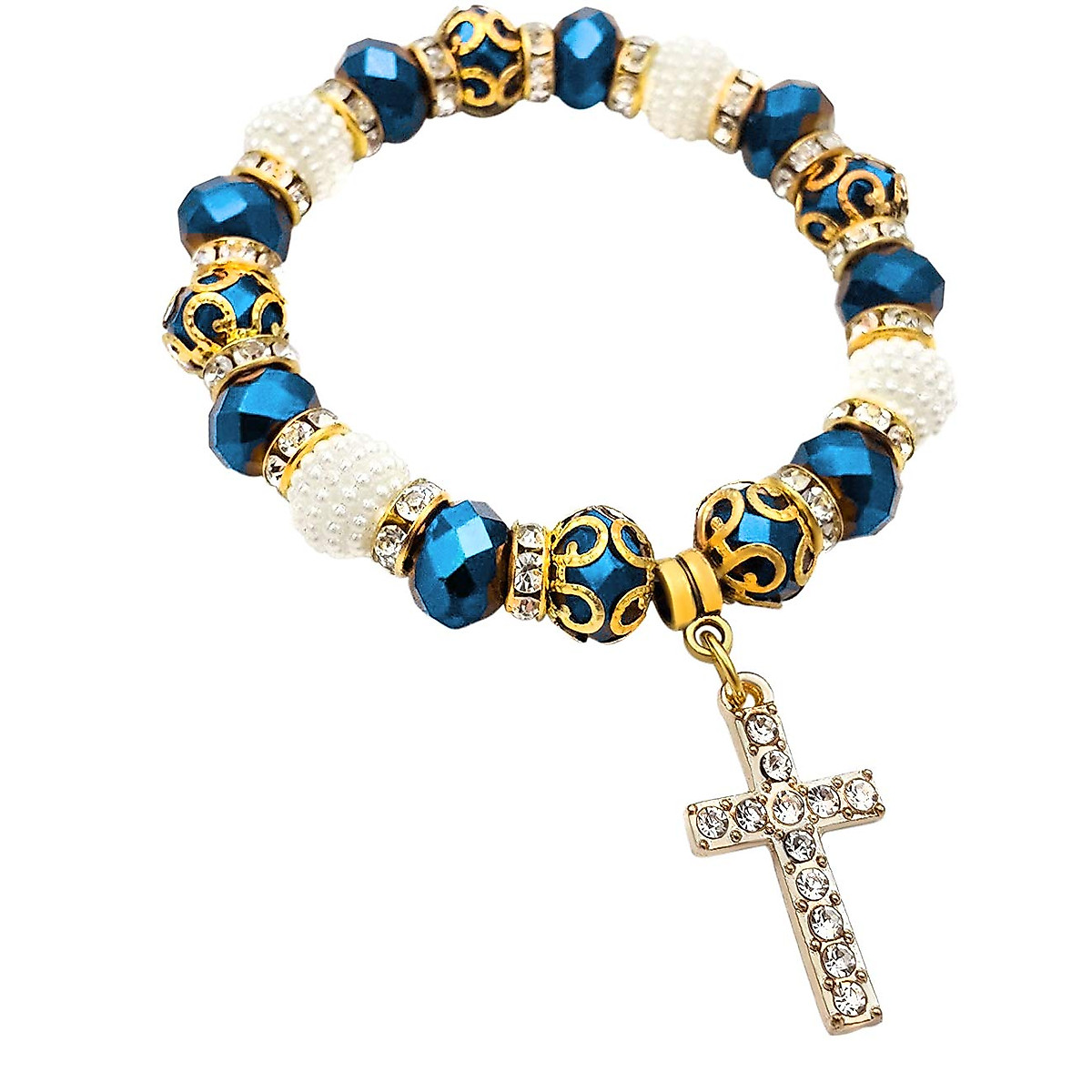 Nazareth Store Catholic Crystallized Cross Deep Blue Crystal Beads Wrist Rosary Bracelet Adjustable Elastic Bangle