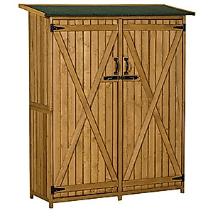 Outsunny Outdoor Storage Cabinet Wooden Garden Shed Utility Tool Organizer with Waterproof Asphalt Rood, Lockable Doors, 3 Tier Shelves for Lawn, Backyard, Natural