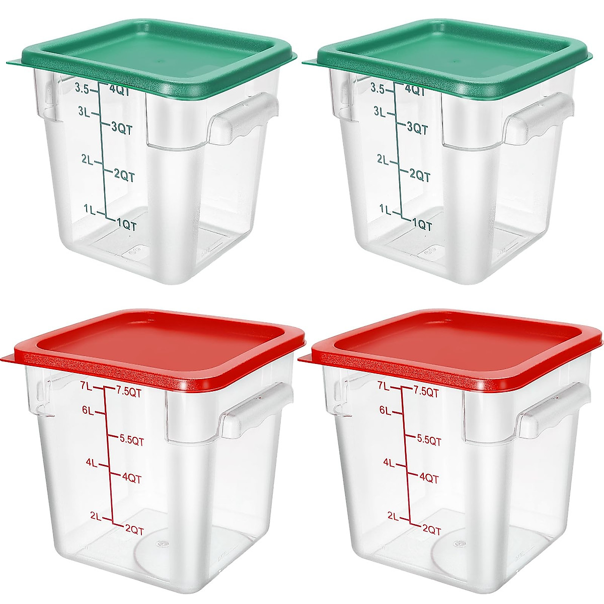Lallisa 4 Pcs Food Storage Containers with Scales 8 qt and 4 qt Square Containers with Lids and Handles Polycarbonate Air Tight for Home Storage Kitchen Restaurant(Red, Green)