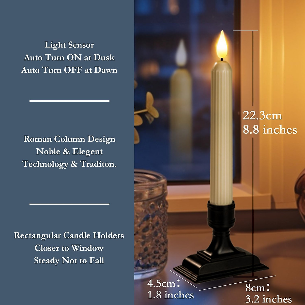 Homemory Battery-Operated LED Window Candles - Set of 6 Ivory Flameless Taper Candles with Dusk-to-Dawn Sensor and Black Holders