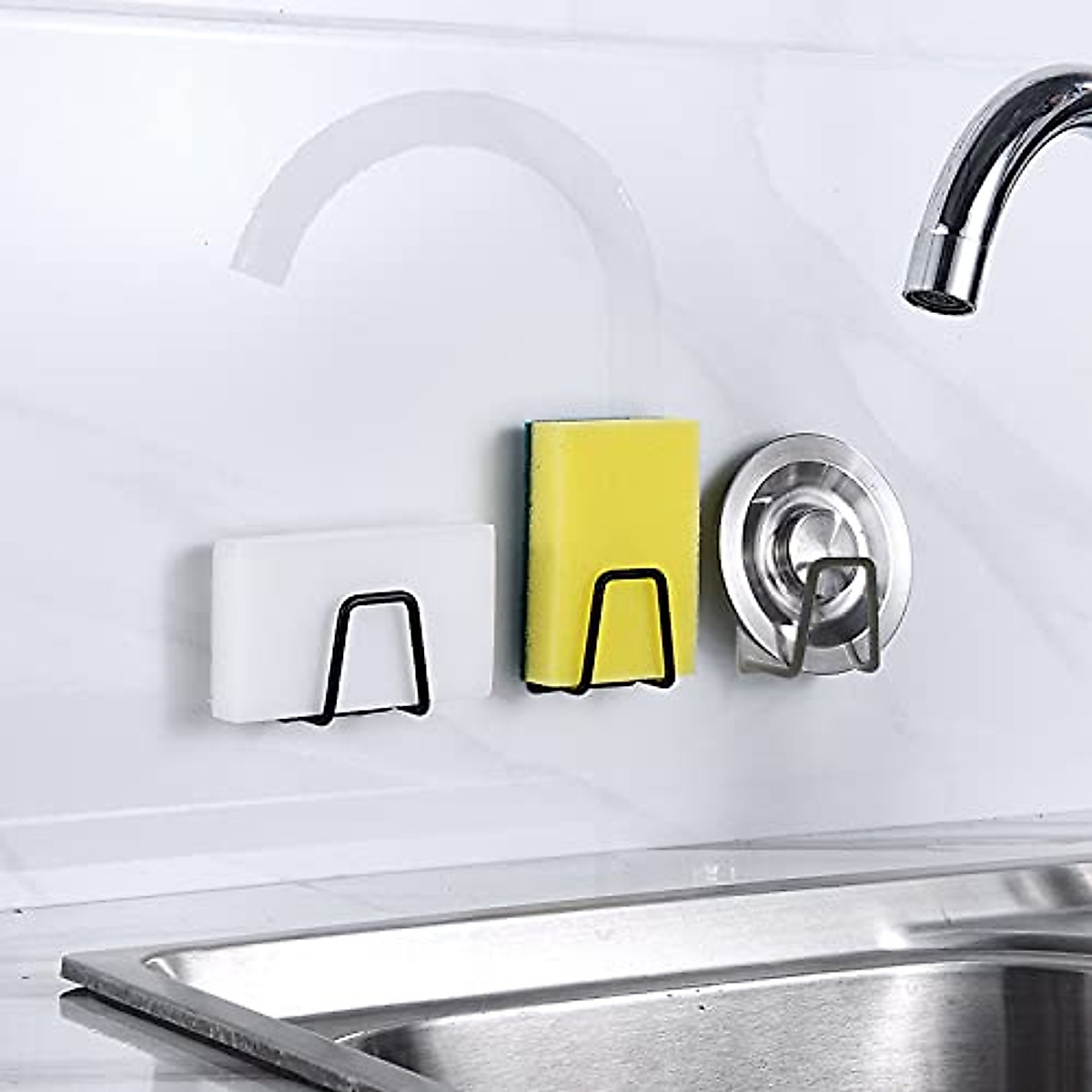 2 Pack Adhesive Sponge Holder Sponge Organization for Kitchen Sink No Drilling Sink Caddy Stainless Steel Waterproof Rustproof Dry Fast Sponge Accessories (Black)