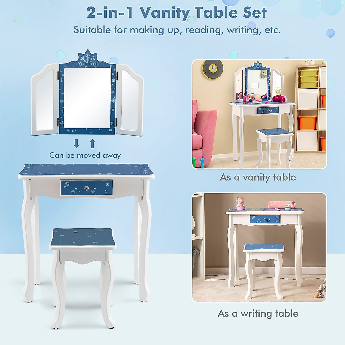 GLACER Kids Vanity, 2-in 1 Makeup Dressing Table w/Detachable Top, Tri-Folding Mirror, Drawer, Stool, Kids Vanity Table and Chair Set, Toddler Vanity, Pink Leopard Print (Blue Snowflake Print)