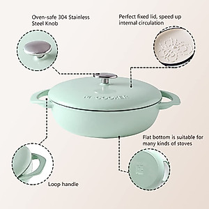 M-COOKER 3.8 Quart Enameled Cast Iron Braiser Pan with Lid，Covered Cast Iron Casserole Dish, Shallow Dutch Oven with Lid, Gift Idea for Family, Oven Safe (Mint green)