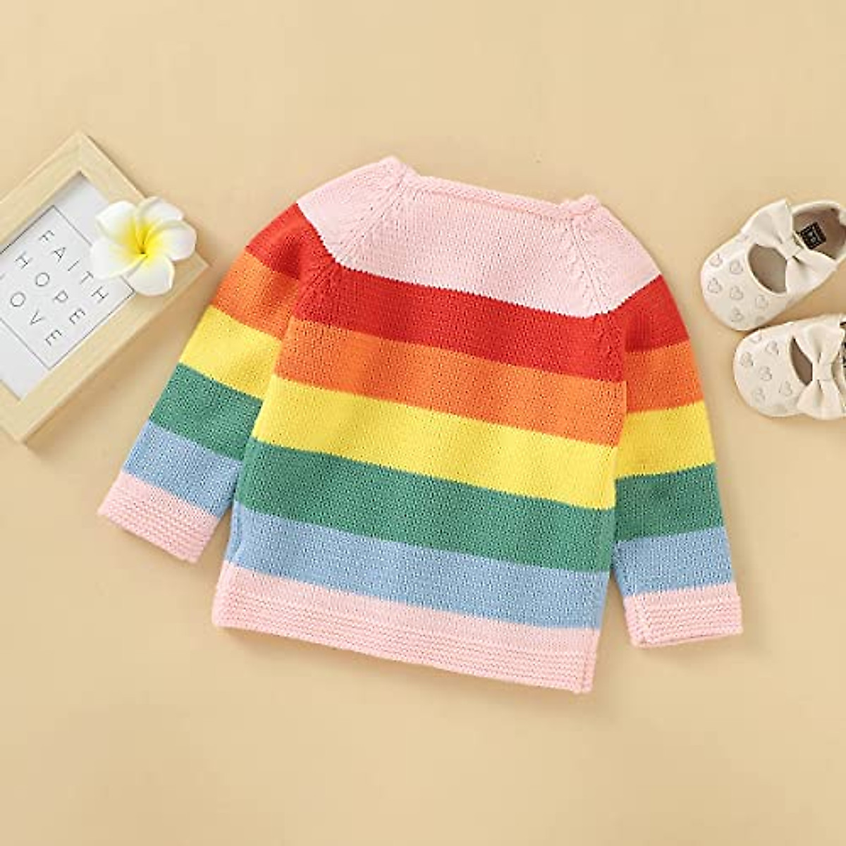 Newborn Baby Girls Boys Knitted Cardigan Casual Long Sleeve Crewneck Rainbow Stripes Button Down Knit Coat Outwear (Light Pink, 12-18 Months)