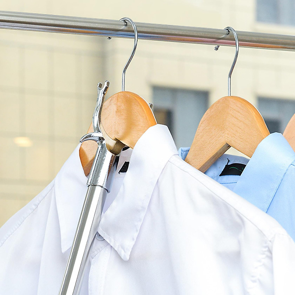 CUCUFA Retractable Clothesline Pole, 51-inch Stainless Steel Pole Telescoping Pole with Hook Long Reach Sticks Fork Clothes Hook Pole for Wardrobe, Clothesline, Hanger