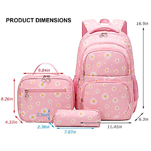 goldwheat Daisy Printed Backpacks With Lunch Pack Pencil Case 3pcs, Water Resistant Lightweight Bookbag For Middle School (Pink)