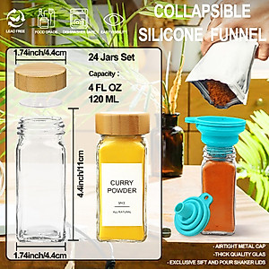 AISIPRIN 24 Pcs Glass Spice Jars with Bamboo Airtight Lids and 398 Labels, 4oz Empty Square Containers Seasoning Storage Bottles - Shaker Lids, Funnel, Brush and Marker Included