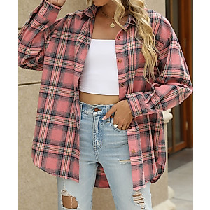 CHYRII Womens Button Down Flannel Shirts Long Sleeve Plaid Shacket Business Casual Blouse Topss Pink -7122 S