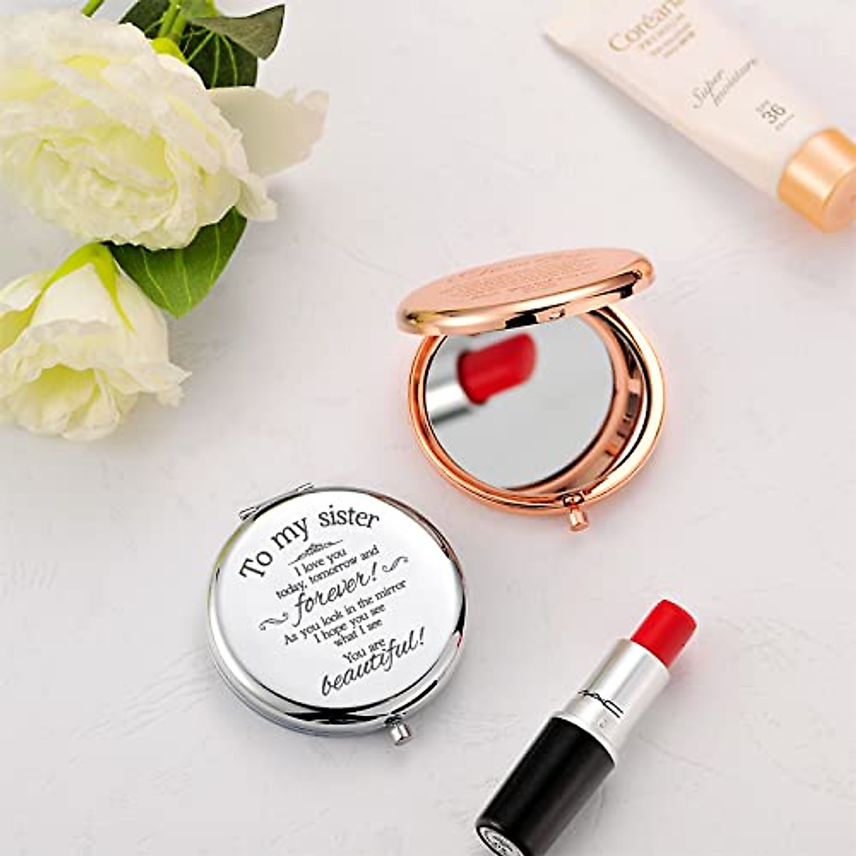 Simple Plus+ Sister Gifts from for silver Compact Mirror,gifts brother,bridesmaid wedding day,2.6 inch Round Folding Handheld 2-Sided Mirror 1x/2x Magnification Mirror. (01)