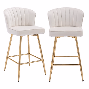 CIMOO Beige Velvet Counter Stools with Gold Legs Mid Century Modern Bar Stools Set of 2 Upholstered Counter Height Stool Chairs 26 Inch kitchen Island Chairs with Back