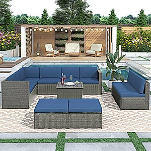 9 Piece Rattan Sectional Seating Group with Cushions and Ottoman, Patio Furniture Sets, Outdoor Wicker Sectional, Grey Ratten+Blue Cushions