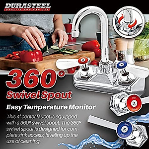 Kitchen Sink No Lead Faucet - DuraSteel 4" Center Wall Mounted Commercial Kitchen Sink Faucet with 3-1/2" Gooseneck Spout - NSF Certified - Dual Lever Handles - Brass Constructed & Chrome Polished