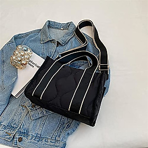 AZURAOKEY Puffer Tote Bag for Women, Fashion Crossbody Bags Cotton Padded Shoulder Crossbody Bag Quilted Hit Color Portable Zipper Autumn Winter Purse for Office Travel-Black