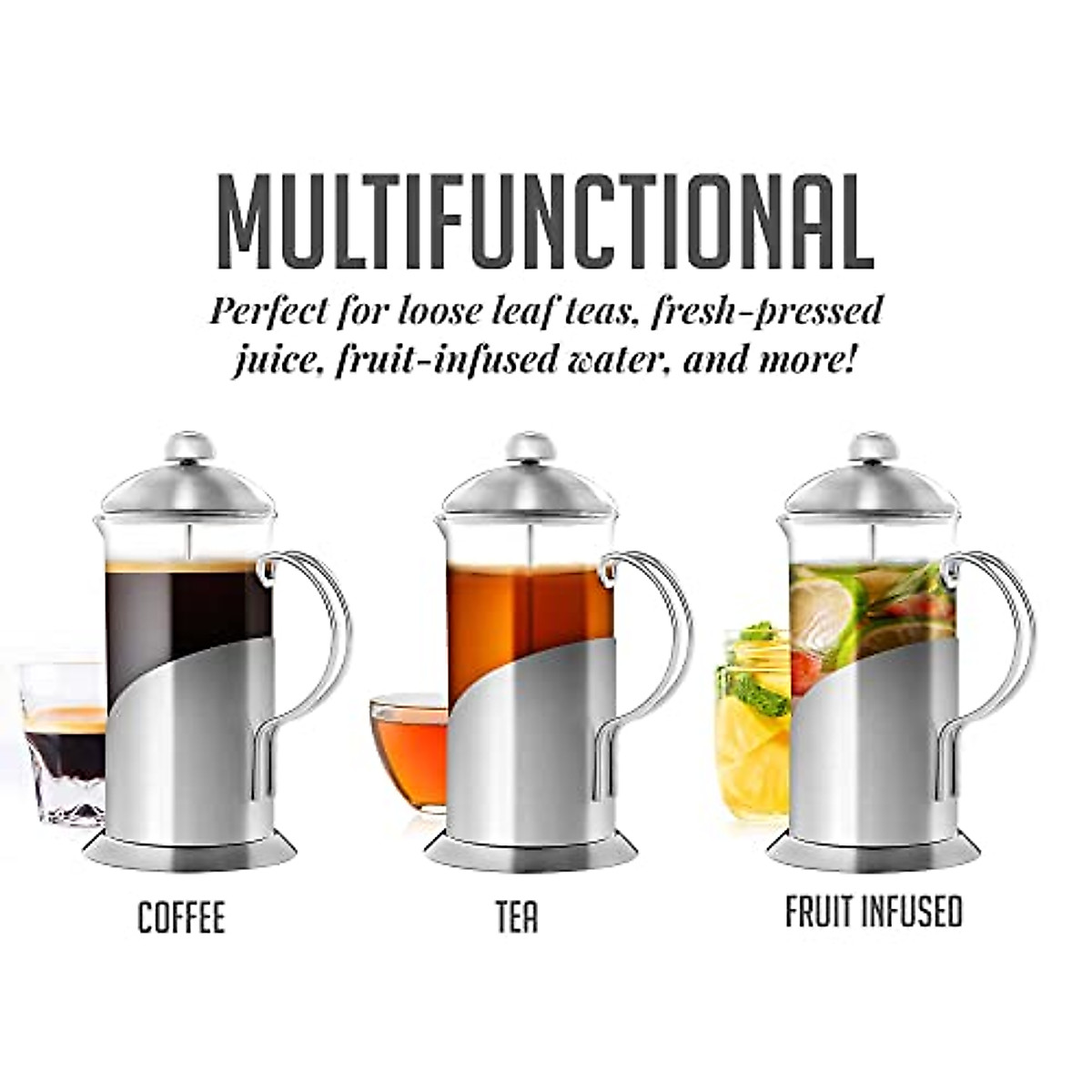 OVENTE French Press Coffee Maker 20 Ounce, 4 Level Stainless Steel Filter System, Borosilicate Heat Resistant Glass Carafe with Free Measuring Scoop, Silver FSL20S