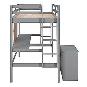 BOVZA Twin Size Loft Bed with Desk and Writing Board, Wood Loft Bed Frame with 2 Drawers Cabinet and 2 Side Ladders, Gray
