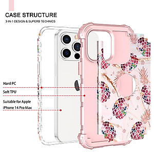 LONTECT for iPhone 14 Pro Max Case Shockproof 3 in 1 Heavy Duty Rugged Durable Protective Cover Hard Plastic Bumper +Soft Silicone Rubber Case for iPhone 14 Pro Max,Pineapple/Rose Gold