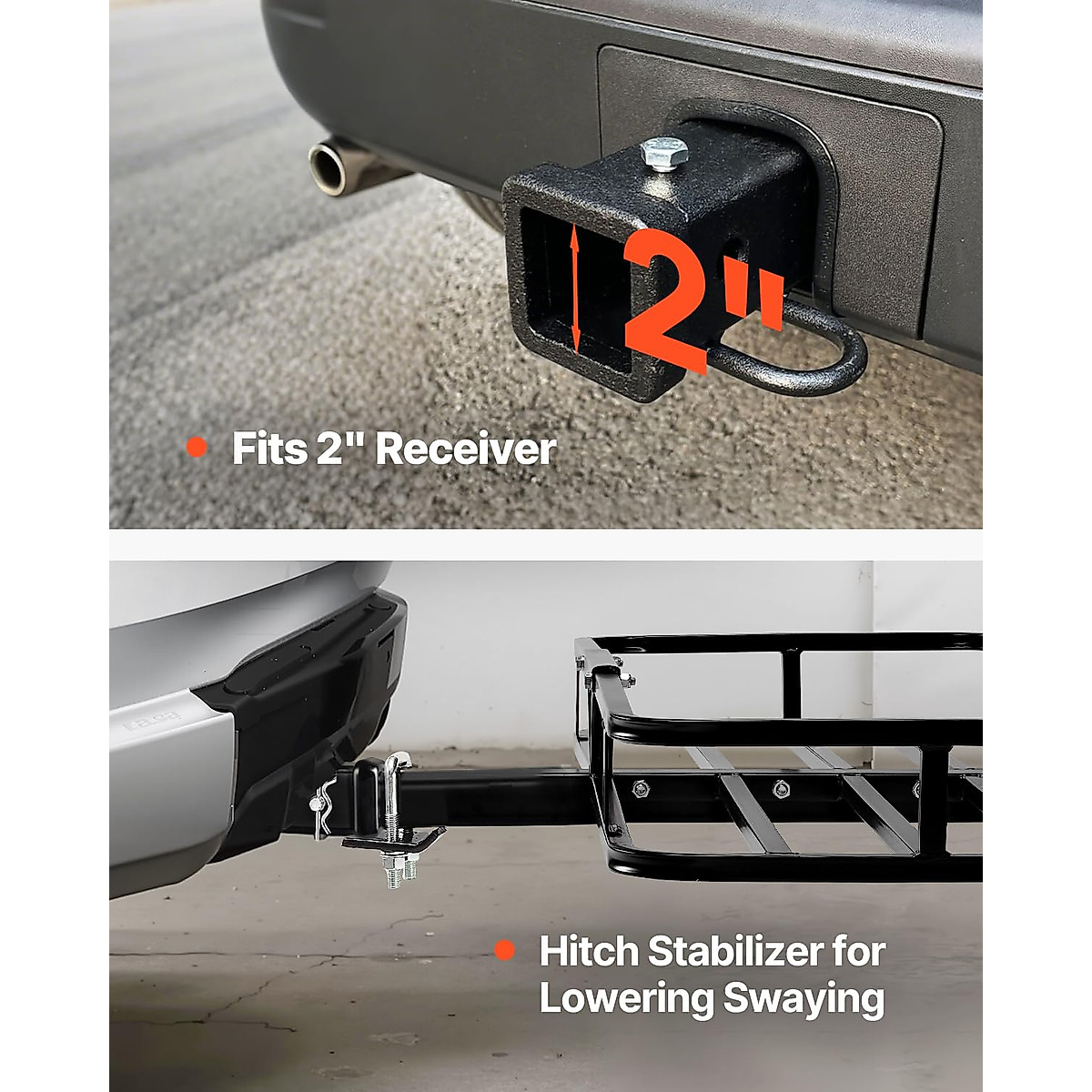 VEVOR 53 x 19 5 in Hitch Cargo Carrier, 500lb Capacity Trailer Mount Basket, Steel Luggage Carrier Rack Fits 2'' Receiver for SUV Truck Pickup with Net, Stabilizer, Straps, Black