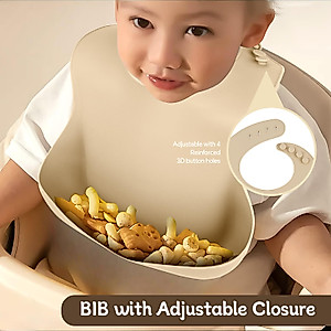 SHGMEET Silicone Baby Feeding Set, Baby Feeding Essentials, Baby Suction Bowl, Plates, Bib, Spoons set, Baby Led Weaning Supplies to Develop Self-feeding Skills, Dishwasher Safe (Beige)