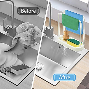 BEINME Sponge Holder with Drain Pan, Kitchen Sink Caddy Organizer for ,Sponge Brush Soap Dishcloth Rack Kitchen Sink Caddy Organizer for Sponge Brush Soap Dishcloth Rack, Small White