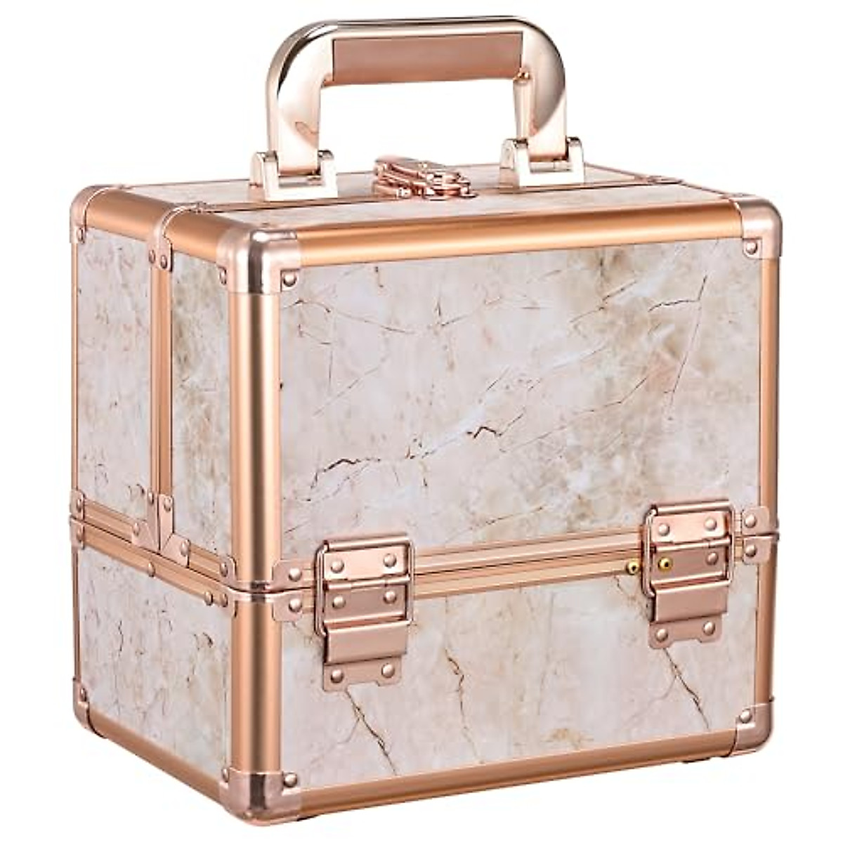 Costravio Makeup Train Case Rose Gold Cosmetic Box with Mirror & Brush Holder Home or Travel Organizer for Make-up and Jewelry Storage Box with 3-Tier Tackle Trays Portable Lockable Golden Marble