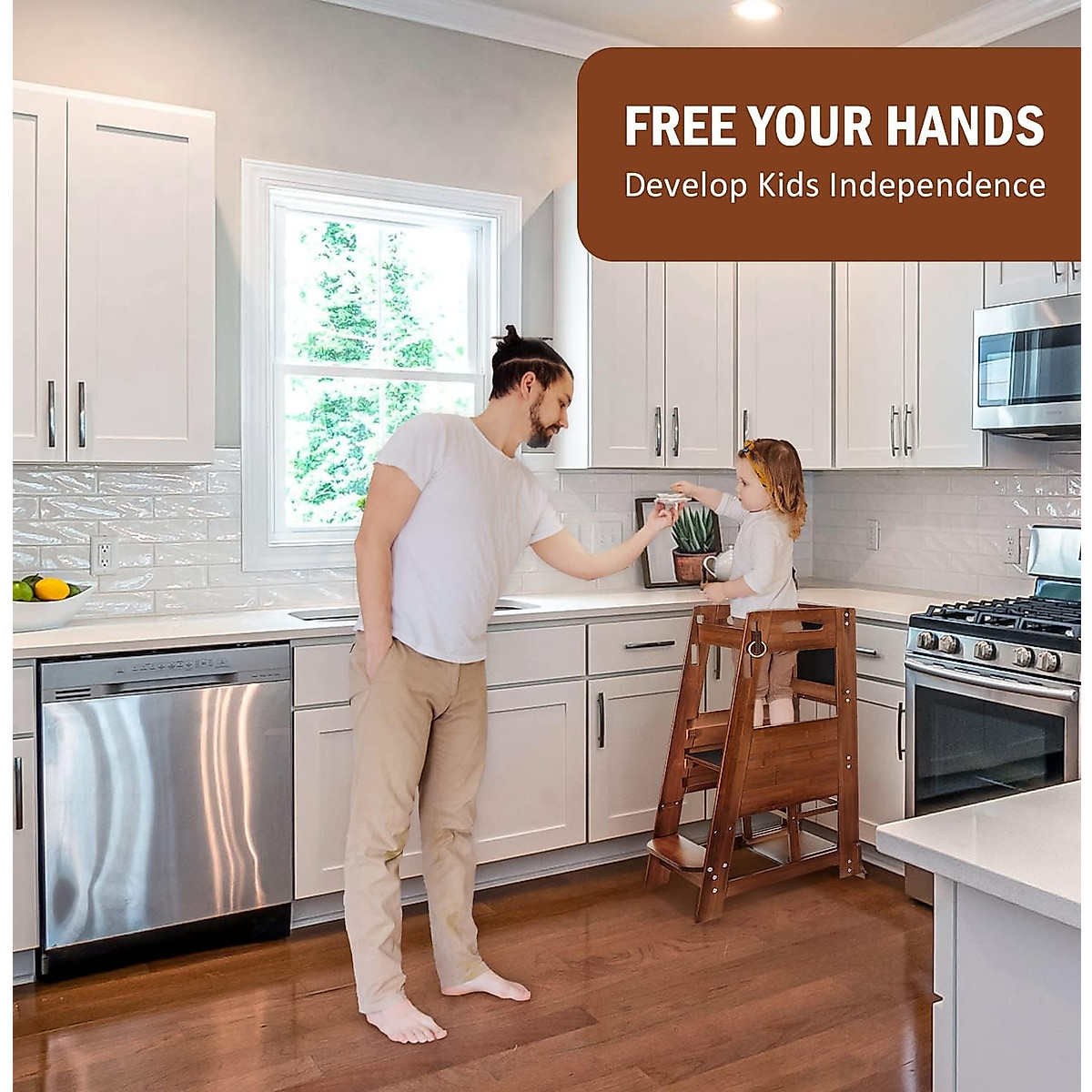 TOETOL Bamboo Toddler Step Stool Learning Kitchen Stool Standing Tower for Toddler Kitchen Counter Helper Stool 3 Height Adjustable with Activity Chalkboard and Whiteboard Message Boards,Non-Slip Mat