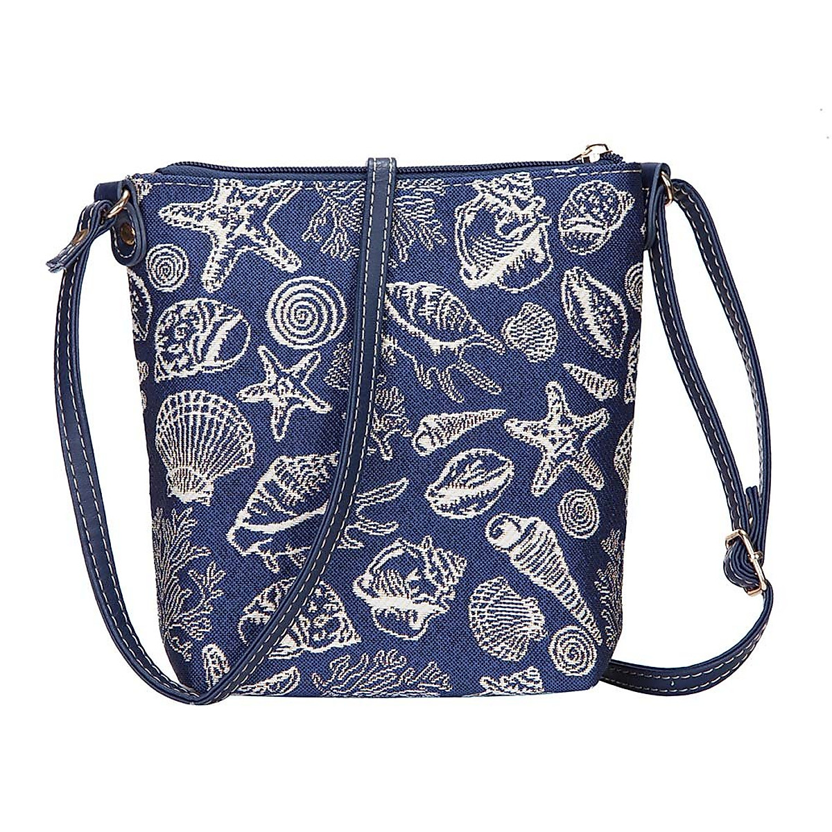 Signare Tapestry Small Crossbody Bag Sling Bag for Women with Navy Blue Sea Shell Design (SLING-SHELL)