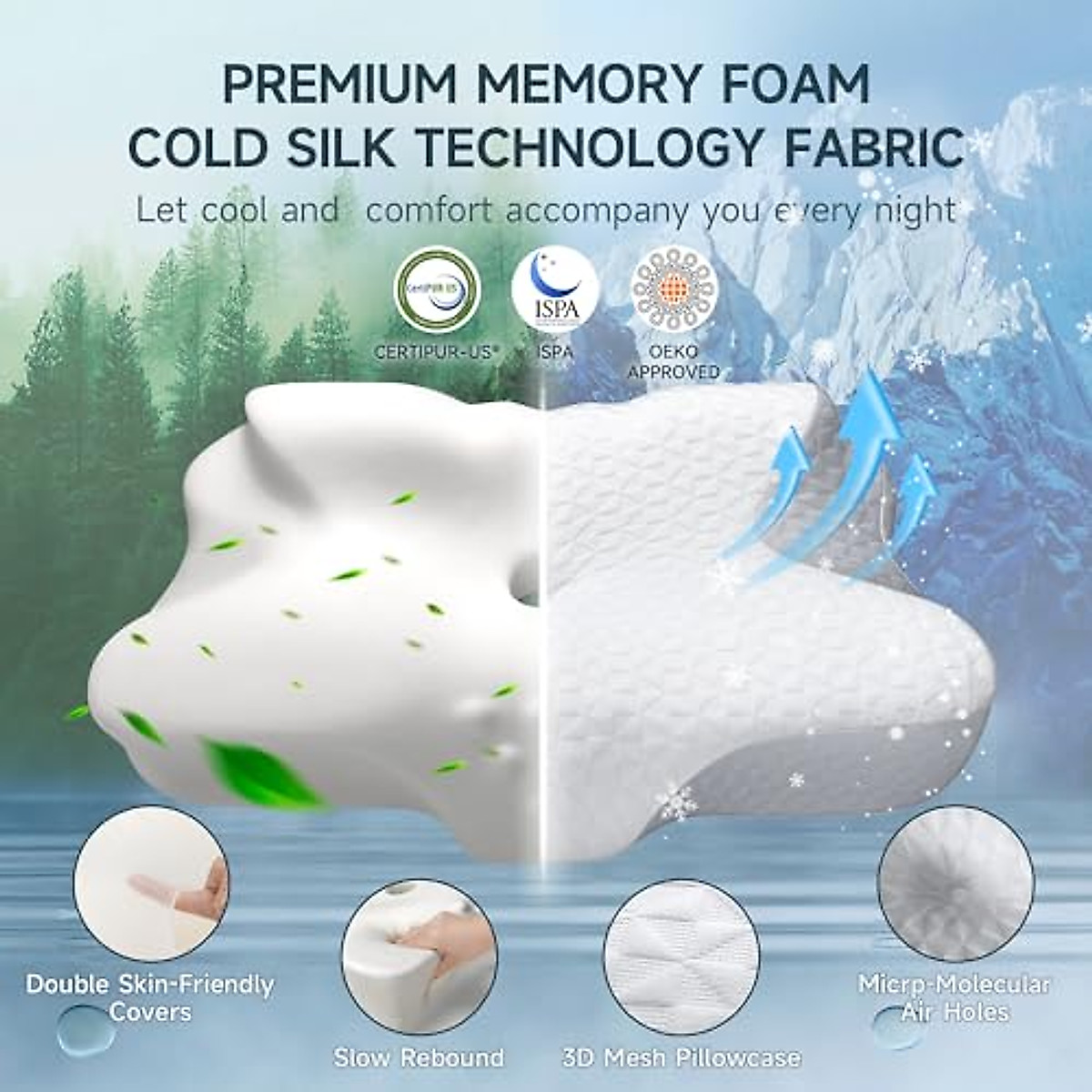 zibroges Cervical Pillow, Memory Foam Pillow for Neck Head Shoulder Pain Relief Sleeping Supports Your Head, Cooling Ergonomic Orthopedic Contoured Neck Bed Pillow for Side, Back,Stomach Sleepers