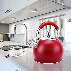 HRHongRui Whistling Tea Kettle for Stove Top Stainless Steel Tea Pot with Ergonomic Silicone Handle Teapot for Stovetop 3.2 Quart / 3 Liter Red