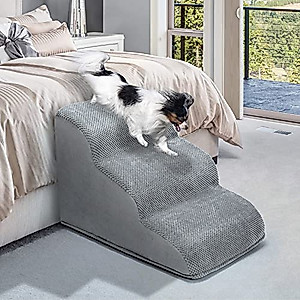 3 Steps Dog Ramp/Stairs for Beds and Couches,MOOACE Pet Stairs with Durable High Density Foam, Washable Cover and Pet Hair Remover Roller - Reduce Stress on Pet Joints/Easy to Walk