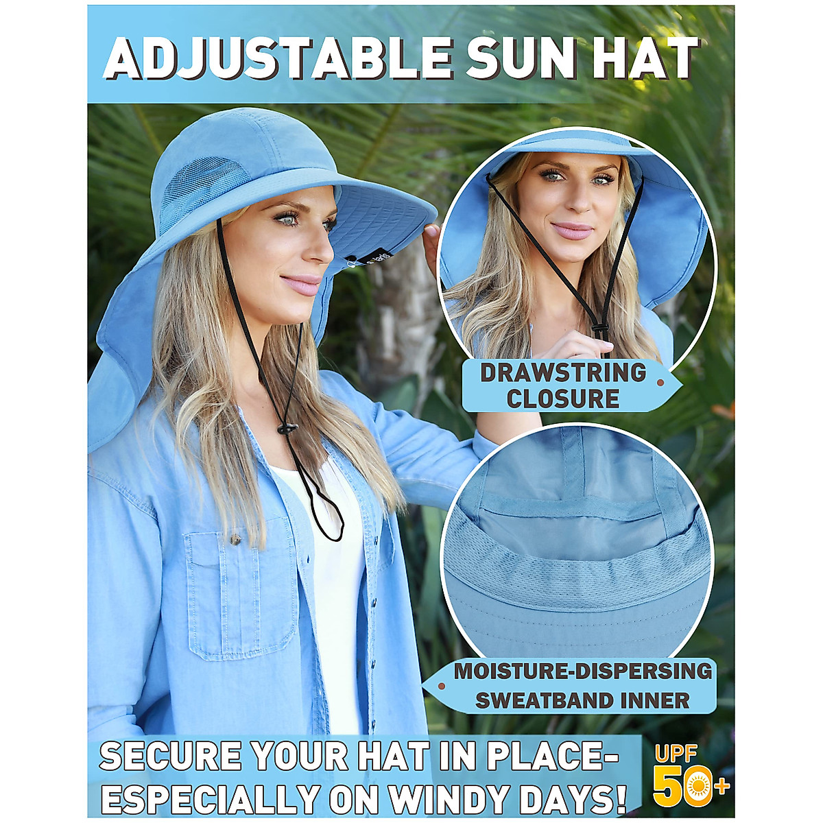 Neck Flap Sun Hat with Wide Brim, UPF 50+ Hiking Safari Fishing hat for Women Men, Sun Protection Hat for Summer Adventures