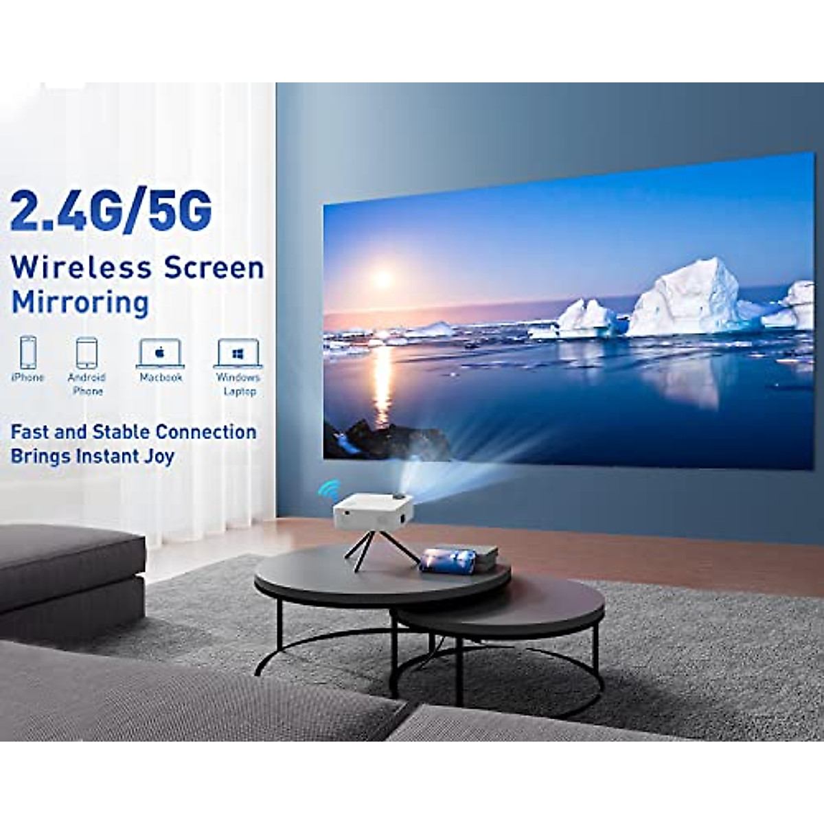 Projector with WiFi and Bluetooth, Mini Projector 5G WiFi Native 1080P 500 ANSI 13000L 4K Support, YZQ Outdoor Projector Max 300'' Screen for Home Teather, Gaming and iOS and Android Phones, TV Stick