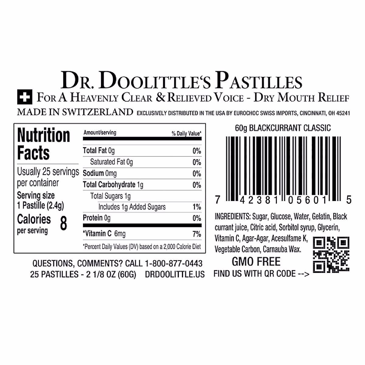 Dr. Doolittle’s Classic Soft Fruit Pastilles for Voice and Throat, Blackcurrant Flavor, 2.12 Ounce Tin, Approximately 25 Count Package, 8 Pack