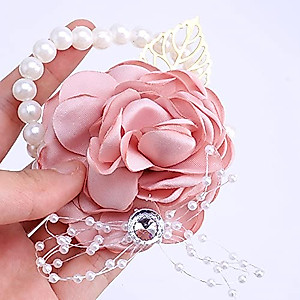 XAN Bridesmaid Wrist Flower Corsage Bride Silk Wrist Flower, with Artificial Pearl Bead Elastic Bracelet Wristband Gold Leaf, Used for Wedding Ball Hand Flower Decoration (Grey Combination)