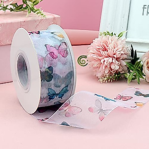 Hyribn 25 Yards Butterfly Printed Silk Ribbon for Gift Wrapping, Chiffon Spring Ribbons for Crafts, Ribbon for Floral , Flower Bouquet, Bows, Wedding, Decoration (White, 1.5")