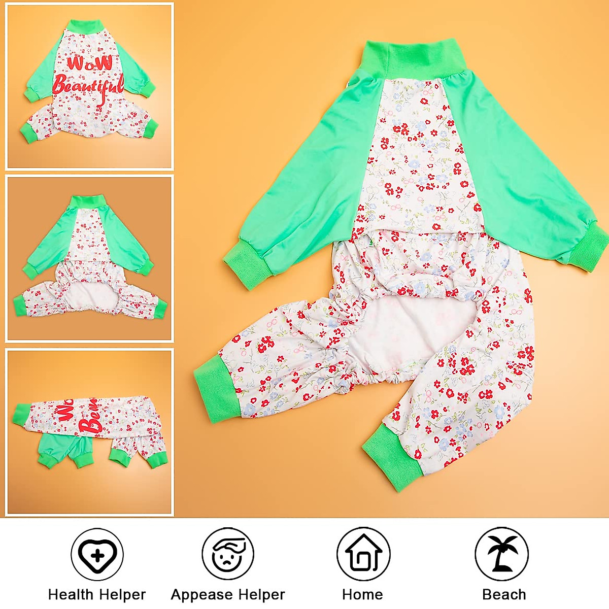 LovinPet Dog Pjs Large, UV & Post Operative Protection, 4 Legged High Collar Dog Onesies, Lightweight Stretchable Floral Print White, Red Prints Large Dog Pajamas as Base Shirt for Dog Dresses XL