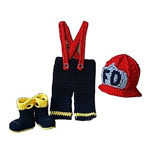 Pinbo Newborn Boys Photography Prop Crochet Firefighter Fireman Hat Pants Shoes