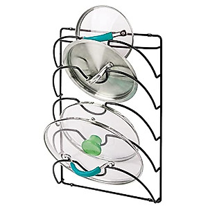 mDesign Metal Wire Pot and Pan Lid Rack Organizer for Kitchen Cabinet Doors or Wall Mount - Upright Storage Holder with 5 Slots - Black