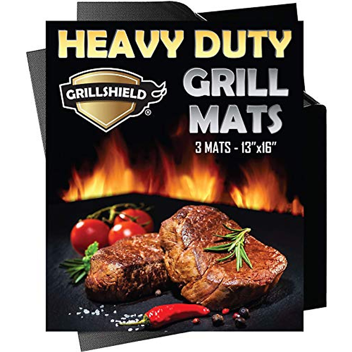 GrillShield - 3 Heavy Duty 600 Degree Grill and Bake Mats - 13 X 16 inches Non Stick Mats for BBQ & Baking, Reusable and Easy to Clean