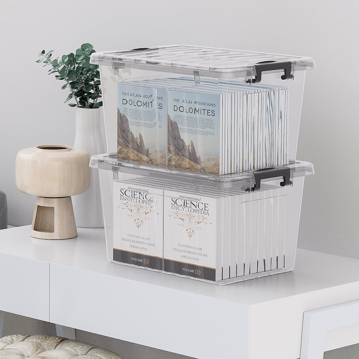 Cetomo 18Qt*4 Plastic Storage Bins, Storage Box, 4 Pack, Organizing Container with Durable Lids and Secure Latching Buckles, Stackable and Nestable, Clear with Black Buckle