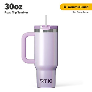 RTIC 30 oz Road Trip Tumbler Double-Walled Insulated Stainless Steel Portable Travel Coffee Mug Cup with Lid, Handle and Straw, Ceramic-Lined, Lavender Glitter