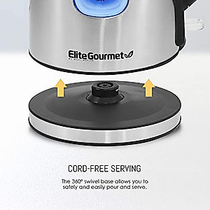 Elite Gourmet EKT-1271# Ultimate 1.7 Liter Electric Kettle – Stainless Steel Design & Cordless 360° Base, Stylish Blue LED Interior, Handy Auto Shut-Off Function – Quickly Boil Water For Tea & More