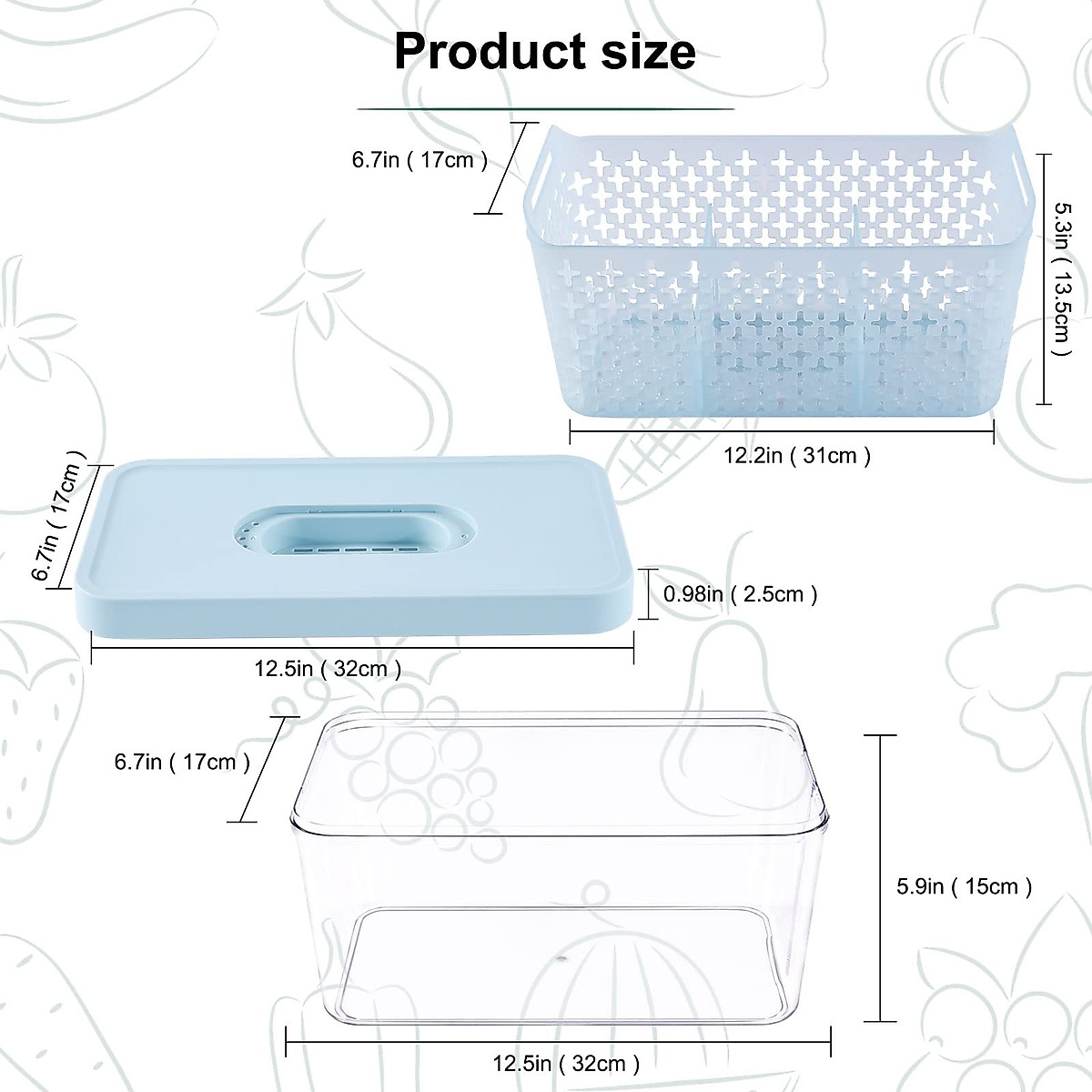 LITPRIN Fridge Produce Saver with Organizer Basket and Vented Lids, Fresh Keeper Containers, Storage Organizer, Fresh Saver, 8L Organizer Bins for Storage and Save Space-Blue