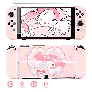 GLDRAM Dockable Protective Case for Nintendo Switch OLED, Cute Anime Rabbit Case Cover Compatible with Switch OLED Console and Joy Con, Hard PC Pink Skin Accessories with Thumb Caps & Screen Protector
