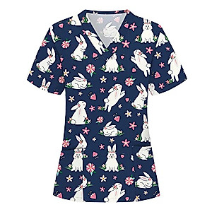 P-53 Navy Vneck Tops for Women Summer Fall Short Sleeve Work Scrub Happy Gift Easter Uniform Top T Shirt Blouse Women 2024 Clothing Y2K 49 M